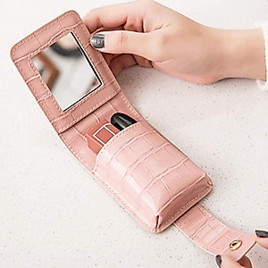 HSK_Mall Makeup Lipstick Case with Mirror for Outside Mini Cute Portable Bag for Women Travel Pocket Cosmetic Pouch takes up to 3 Lipstick Box Organizer Bag - Pink