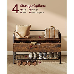 VASAGLE Shoe Storage Bench with Seating, Shoe Bench with Organizer Drawer, Industrial Style, Steel Frame, Holds Up to 600LB, for Entryway, Living Room, Bedroom, Rustic Brown and Ink Black, ULSB151K01