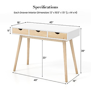Tangkula Mid Century Desk with 3 Drawers, Home Office Writing Desk, Wooden Laptop Study Desk with Solid Rubber Wood Legs, Computer Workstation, Makeup Vanity Desk for Bedroom