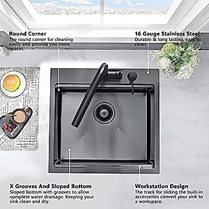 18 Inch Black Bar Sink Drop In Workstation-VASOYO 18x18 Drop In Bar Sink Black Stainless Steel Bar Prep Sink Topmount Outdoor Rv Kitchen Sink Single Bow Wet Bar Sink with Cutting Board