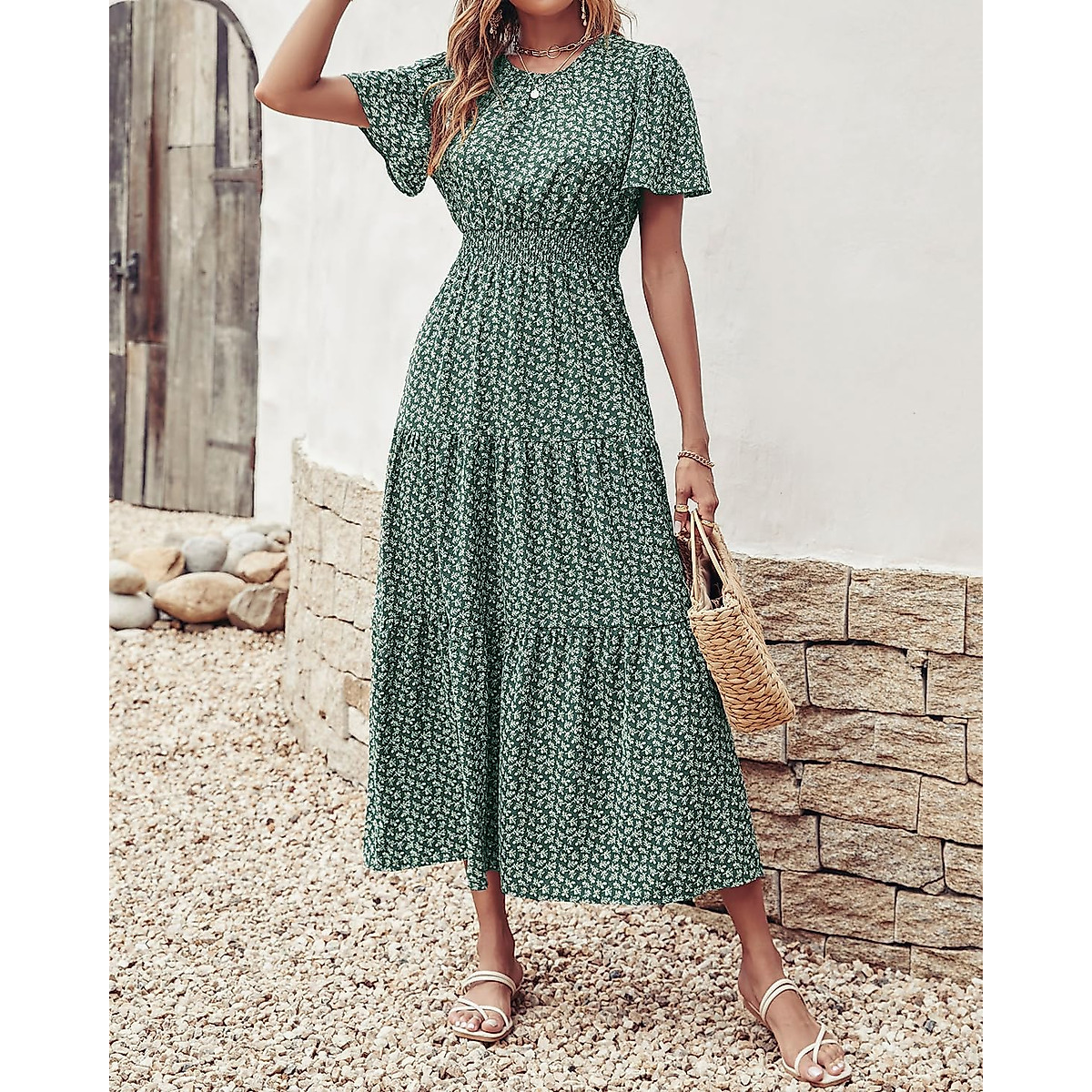 PRETTYGARDEN Women's Summer Casual Short Flutter Sleeve Round Neck Smocked Waist Tiered Boho Floral Flowy Maxi Dress(Small, Leaves Green)