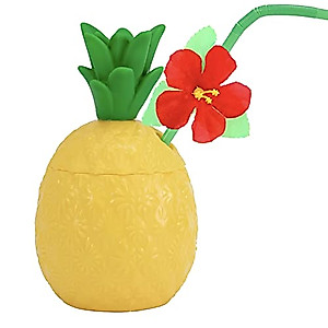 GiftExpress 12-pack Plastic Pineapple Cups with Lids and Hibiscus Straws, Hawaiian Party Cups Luau Aloha Party Favor (12)