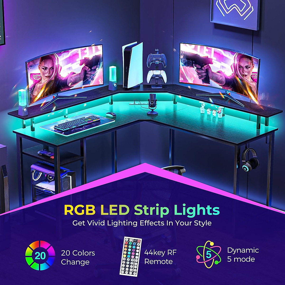 Rolanstar L Shaped Gaming Desk with LED Lights & Power Outlets, 56" Computer Desk with Full Monitor Stand & Storage Shelf, Corner Desk with Hooks, Black Desk Reversible