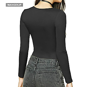 MANGDIUP Women's Round Collar Long Sleeve Elastic Bodysuit Jumpsuit (Black, XXL)