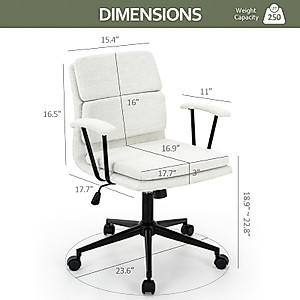 422 Modern Linen Office Chair with Removable Padded Armrests, Premium Double Cushion, 135° Rocking Mid Back Ergonomic Computer Task Chair with Wheels for Home Study&Meeting(White)