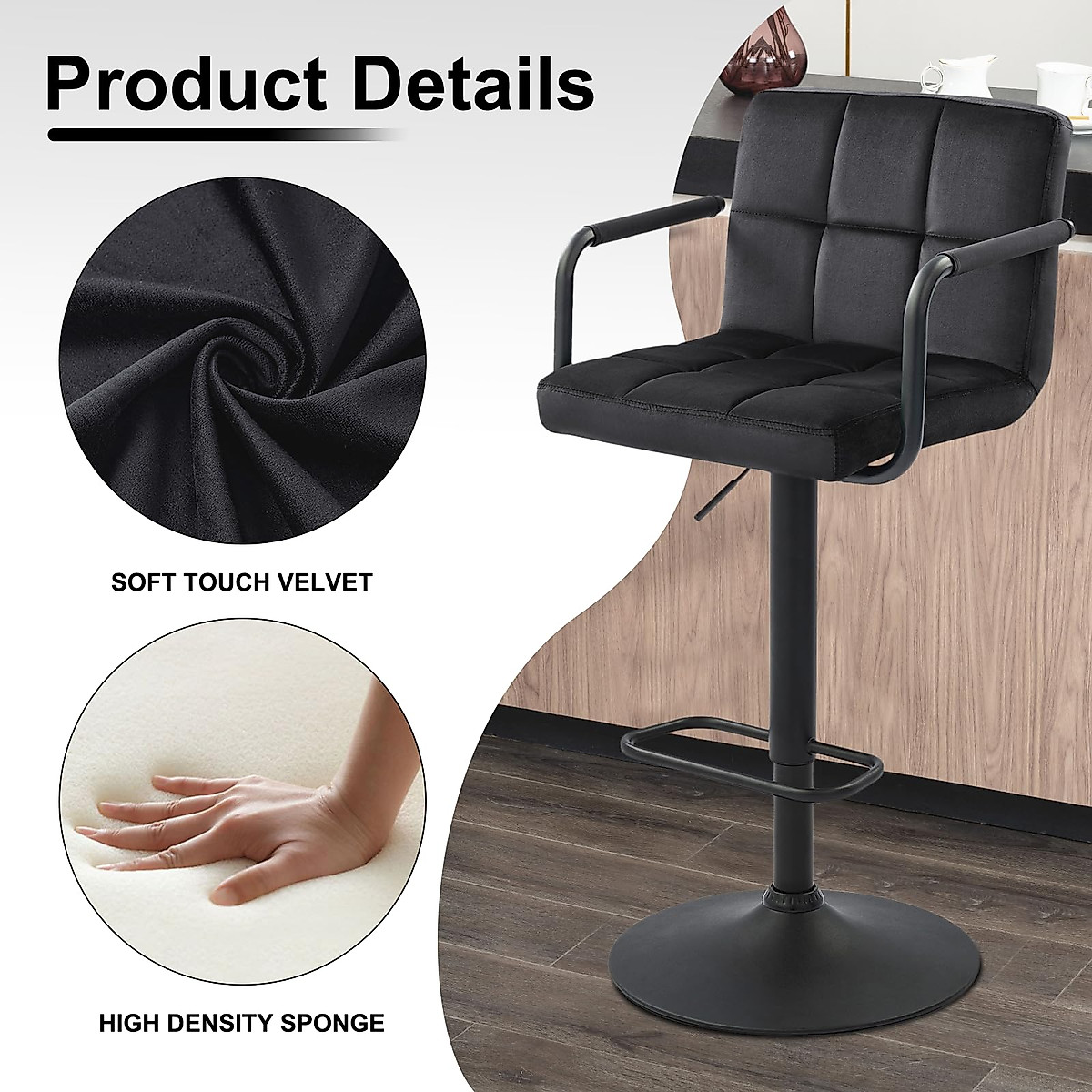 Furnimart Adjustable Bar Stool Swivel Barstools Set of 2 Counter Stools with Armrest and Footrest Upholstered Bar Chairs for Kitchen and Dining Room (Velvet-Black)