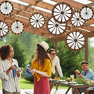 Outus 9 Pcs Wagon Wheel Decorations Paper Fans Country Western Party Decorations Wooden Wagon Wheels Hanging Paper Fans Ceiling Wall Decor for Wild West Western Cowboy Themed Classroom Party