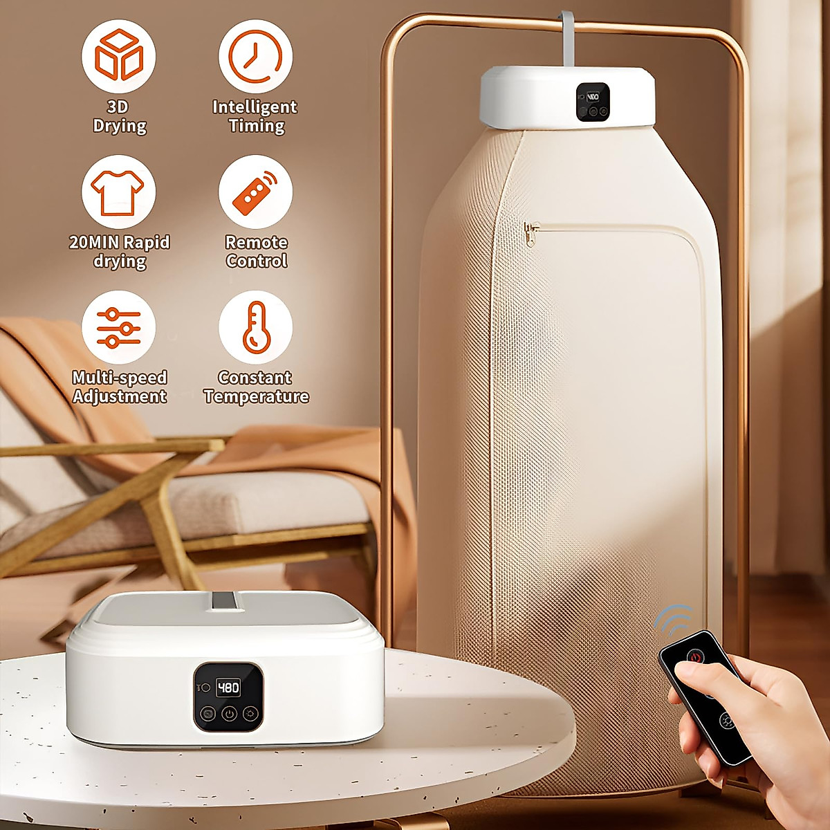 Portable Clothes Dryer, Small Dryer with Remote Control, Compact Foldable Travel Clothes Dryer with Dry Bag for RV, Travel, Home