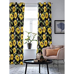 Big buy store Blackout Curtains Panels Sunflower Bee Butterfly Thermal Insulated Grommet Window Curtains Black Room Darkening Curtain Drapes for Bedroom & Living Room 52inches W x 96inches L