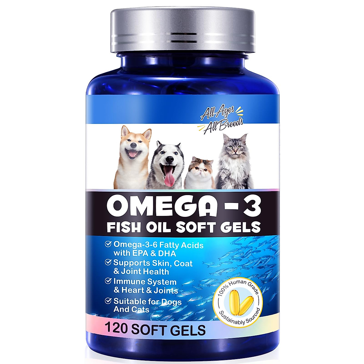 Omega 3 Fish Oil for Dogs, 100% Pure Pet Fish Oil Supplement for Dogs & Cats with DHA & EPA Fatty Acids Skin & Shiny Coat, Fish Oil for Dogs Shedding Allergy, Itch, Dry Skin, Joints -120 Capsules