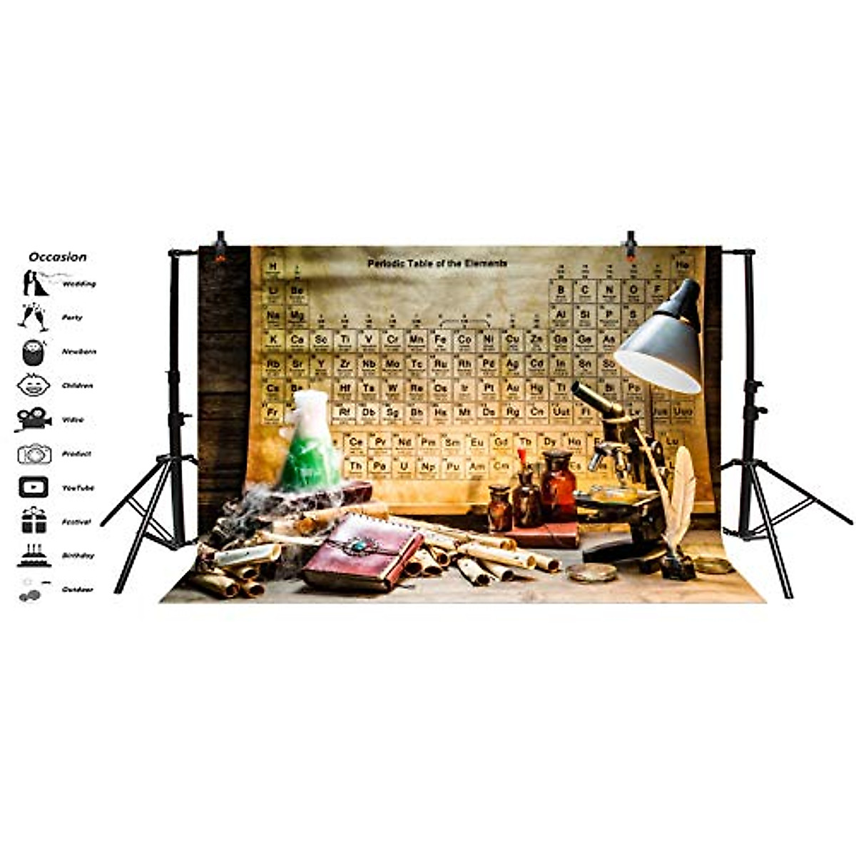 Leyiyi 5x3ft Vintage Chemistry Lab Backdrop Rustic Wooden Cottage Retro Maps Chemist Microscope Retro Periodic Elements Table Quil Photo Background Cowboy Kids Portrait Studio Prop Vinyl Banner