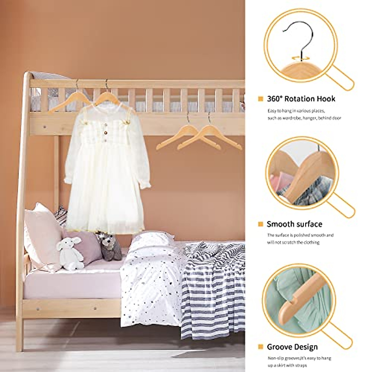 Nature Smile 20 Pack 14 Inches Juniors Preteen Older Children Wooden Clothes Hangers Wood Dress Shirt Hanger Coat Jacket Hangers with Notches and 360° Swivel Anti-Rust Chrome Hook (Natural)