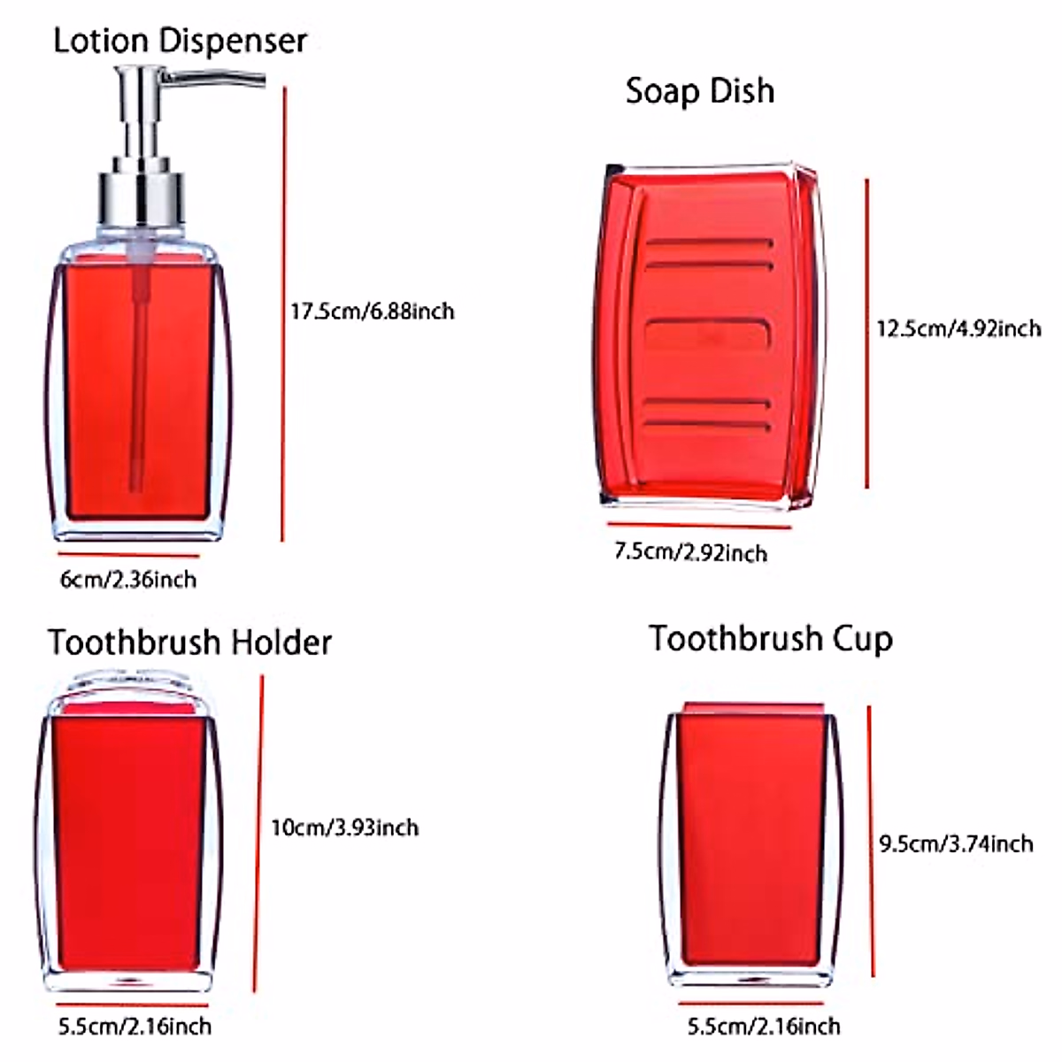 Yueranhu Red Bathroom Accessories Set, 4-Pieces Acrylic Bathroom Accesory Set Decor Gift - Toothbrush Holder, Toothbrush Cup, Soap/Lotion Dispenser, Soap Dish
