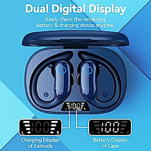 GNMN Bluetooth Headphones Wireless Earbuds 48hrs Playback IPX7 Waterproof Earphones Over-Ear Stereo Bass Headset with Earhooks Microphone LED Battery Display for Sports/Workout/Gym Blue