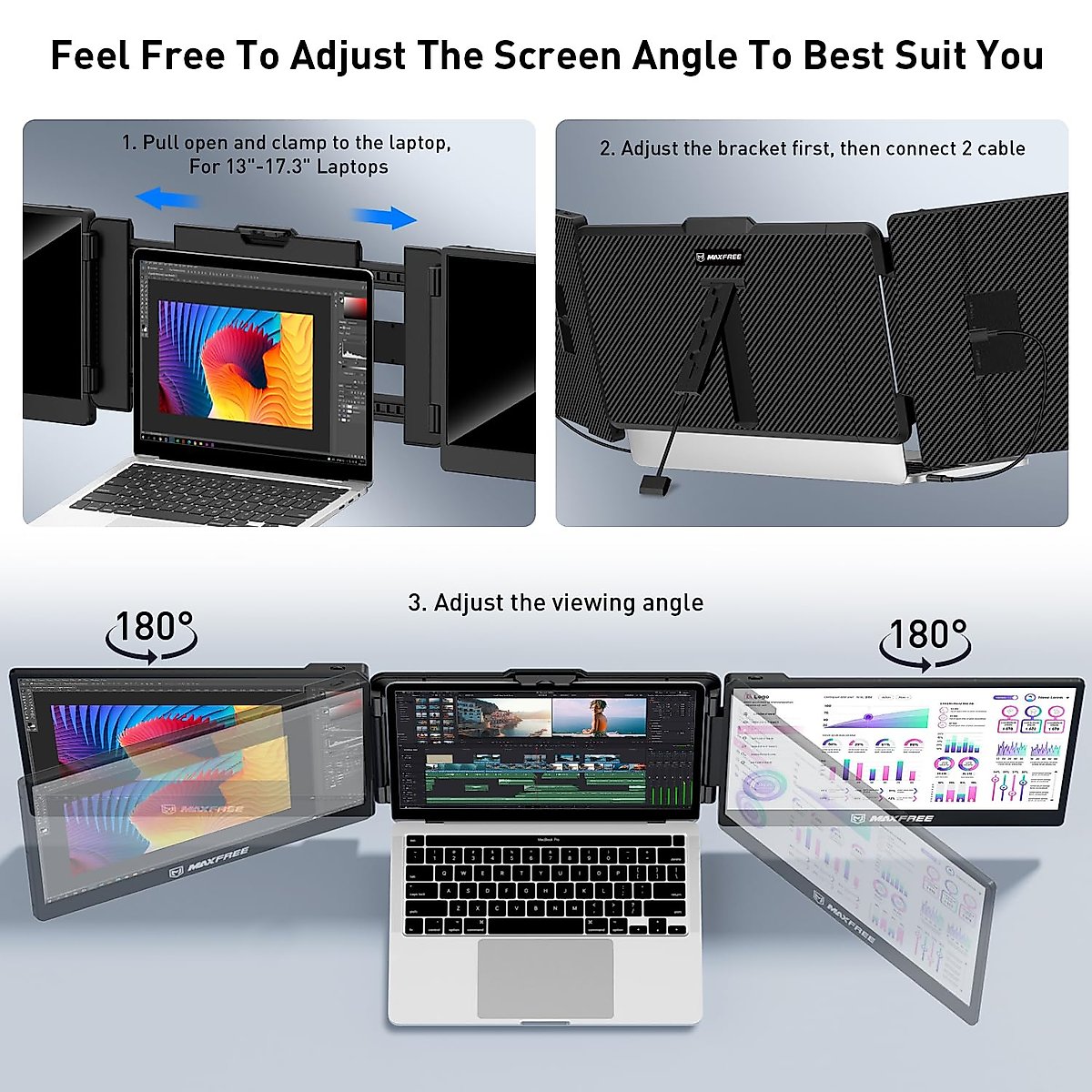 Maxfree S2 Laptop Screen Extender, 14'' Laptop Monitor Extender Plug & Play, 1080P FHD Triple Portable Dual Monitor for 13-17'' Laptops, Compatible with Windows/Mac/Surface/Android/Switch