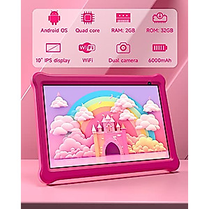 COOPERS Kids Tablet 10 inch, Android Tablets for Kids 32GB ROM 512GB Expand, Parental Control Toddler Tablet, GMS Certified, Kids Software Pre-Installed, WiFi, Dual Camera,with Shockproof Case, Red