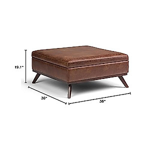 SIMPLIHOME Owen 36 Inch Wide Mid Century Modern Square Coffee Table Lift Top Storage Ottoman in Upholstered Distressed Saddle Brown Faux Leather, For the Living Room