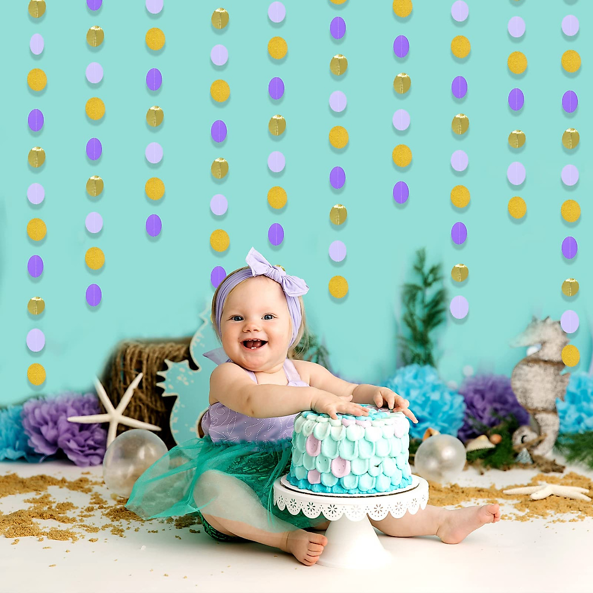 4pcs Purple and gold Garland Circle Dots Party Hanging Decorations for Birthday Wedding, Baby Shower, Classroom Candyland purple