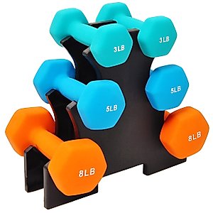 Fitvids Colored Vinyl or Neoprene Coated Dumbbell Set with Stand, 32-Pound Set with Stand, 3LB, 5LB, 8LB Pairs, Cast Iron