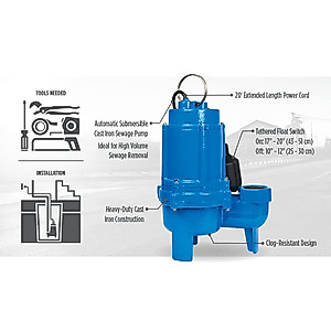 Little Giant LG-SEW75T 115 Volt, 3/4 HP, 8400 GPH Cast Iron Sewage Pump with Tethered Switch and 20-Ft. Cord, Blue, 14942662