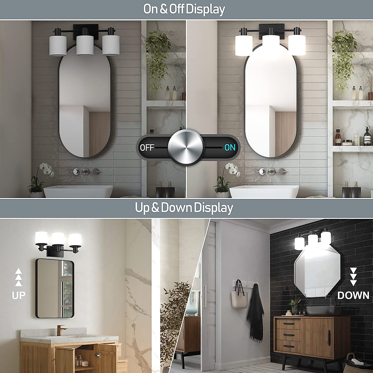 Sailstar Bathroom Light Fixtures 3 Light, Anti-Rust Matte Black Bathroom Lights Over Mirror, Modern Vanity Lights with Frosted Glass Shade, Vanity Lighting Fixtures