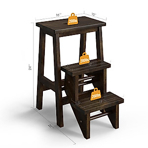 Giantex Folding 3 Tier Step Ladder, Multifunction 3-in-1 Wood Step Stool with Anti-Slip, Convenient Handle, Display Ladder and Storage Shelf for Library, Home Kitchen, Household Work, Garage (Brown)