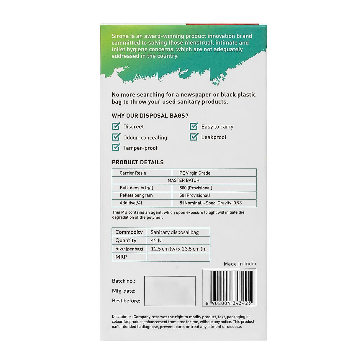 Sirona Sanitary Disposal Bags - 45 | Leakproof, Odor-Concealing Disposal for Tampons, Pads, Liners & More | Hygienic & Travel-Friendly (45 Pack)