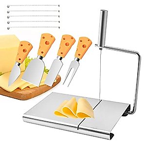 ISZW Cheese Slicer Knife Set, Cheese Slicer Cutter with Wire Food Cutter Precise Scale Board, 4 Cheese Knife Set Mini Butter Knife & Fork for Cutting Cheese Butter Vegetables Sausgae