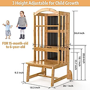 DORPU Learning Step Stool for Kids, Adjustable Height Toddler Kitchen Standing Tower with Double-Side Art Board, Natural