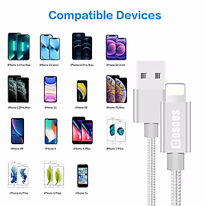 COSOOS 4 Short USB Cable, 4 Pack 9 Inch Nylon Fast Charging and Syncing Cords Compatible for iPhone 12, 12 Pro Max, 11, XS MAX, 8 Plus, 7, 6, iPad Air, Mini, Charging Station, Power Bank.
