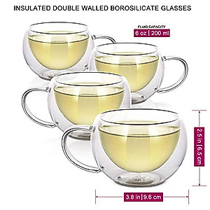Teabloom Modern Classic Insulated Cups – 6 oz / 200 ml – Set of 4 Double Walled Glass Cups for Tea or Espresso
