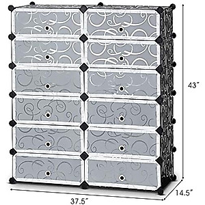 Tangkula 12-Cube Shoe Rack Organizer, DIY Cubes Storage Cabinet, Modular Plastic Shoes Cabinet with Transparent Doors, 6-Tier Portable Shoe Tower Shelf Storage Stand for 24 Pairs Shoes, Slippers