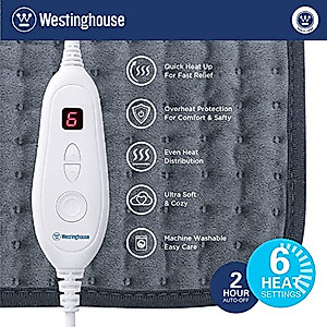 Westinghouse Electric Heating Pad for Back Pain Relief, Heated Neck Shoulder Wrap with 6 Heat Settings, 2-Hour Auto Shut-Off, Machine Washable, Extra Large 12x24 Inches (Grey)