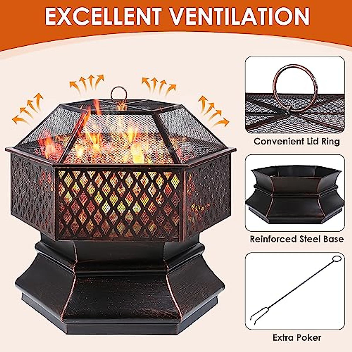 Arlopu 30/28'' Outdoor Grilled Fire Pit, Wood Burning Firepit, Patio Portable Pit, Hex Outside Camp Fireplace, W/ 20in Fire Poker, Spark Screen, 0.8mm Steel Base for Backyard,Terrace,Poolside,Gazebo