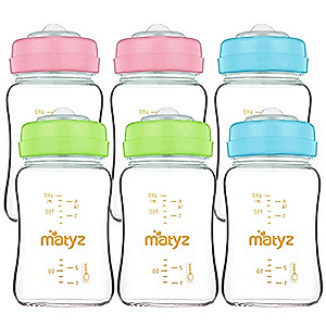 Matyz 6-Pack Borosilicate Glass Breast Milk Bottles (6 oz, 3 Colors) - Wide Neck Breastmilk Collection and Storage Bottle - Formula Storage Bottles Compatible with Medela Avent Spectra Pumps