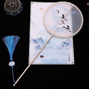 Chinese Round Fan, Ancient Hand Fan,Translucent Silk Embroidered Hand Held Fan, Vintage Fan Dance Fan for Wedding Favor Gift Home Decor(6)