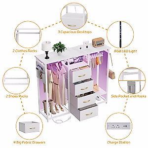 Dresser for Bedroom with 2 Clothes Racks,4 Drawer Dresser with Led Light and Charging Station,Wardrobe Dresser with Clothes Storage Chest Hanging Rack,Closet Dresser with Side Pocket and Hooks,White