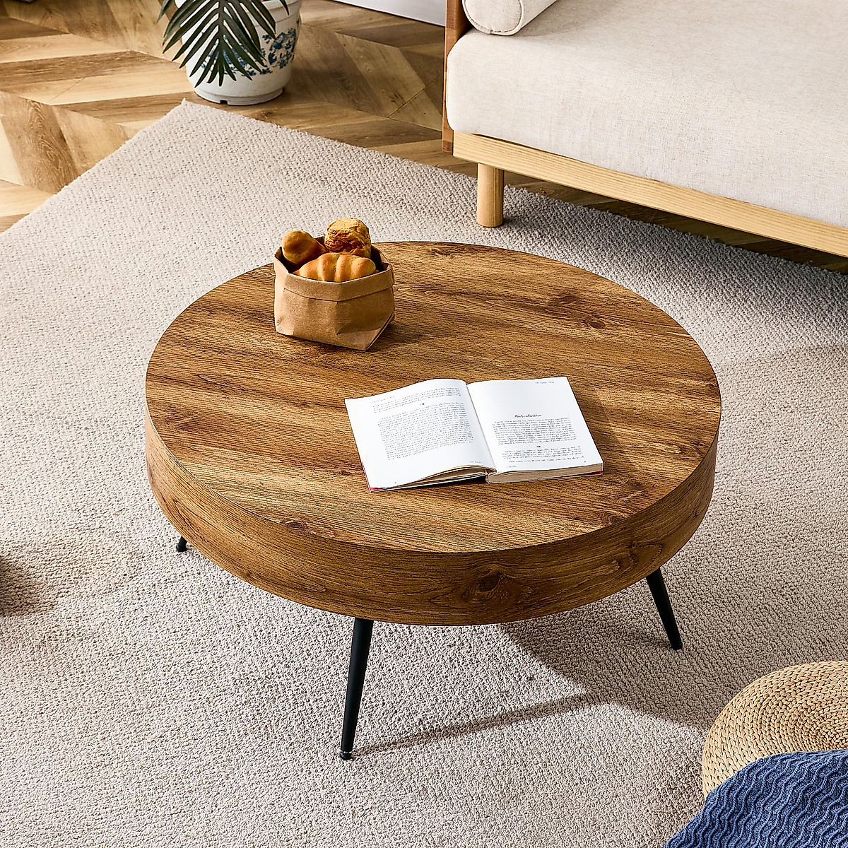 SSLine Round Coffee Table,Modern Center Table Sofa Side Tea Table Home Furniture with MDF Tabletop for Living Room Home and Office