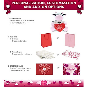 DolliBu I Love You Valentine Pink Cow Plush - Fluffy Cow Stuffed Animal with Red I Love You Plush Heart and Name Personalization Gift for Valentines Day, Birthday, Anniversary, Romantic Date - 6 Inch