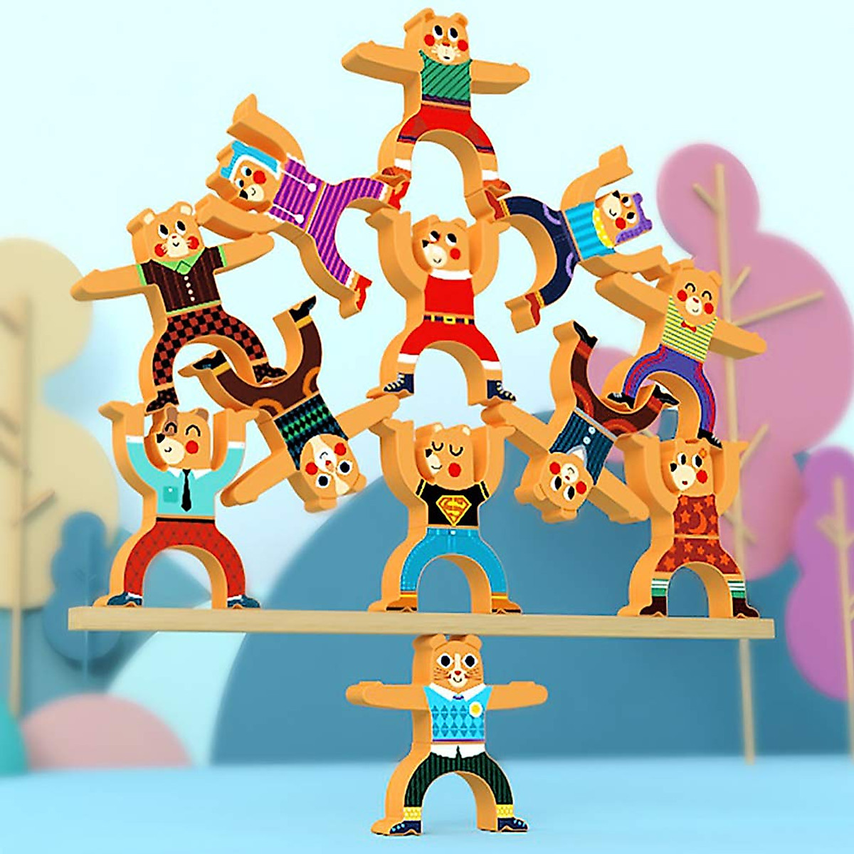 BESTING Balancing Stacking Blocks Little Bear Parent-Child Children's Educational Balance Wooden Stacking Acrobatic Troupe Interlock Decompression Preschool Toys Balancing Games (HJ008)