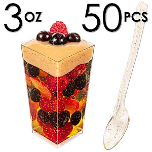 DLux 50 x 3 oz Mini Dessert Cups with Spoons, Square Tall - Glitter Plastic Parfait Appetizer Cup - Small re-usable Serving Bowl for Tasting Party Desserts Appetizers - with Recipe Ebook