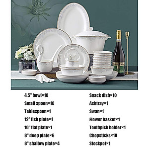 Stylish Dinner Plates,Ceramics Dinnerware Set, Cereals Bowl & Dish & Soup Pot | 58 Pieces Bone China Dinner Sets for Wedding Gifts - Elegant Porcelain Combination Set