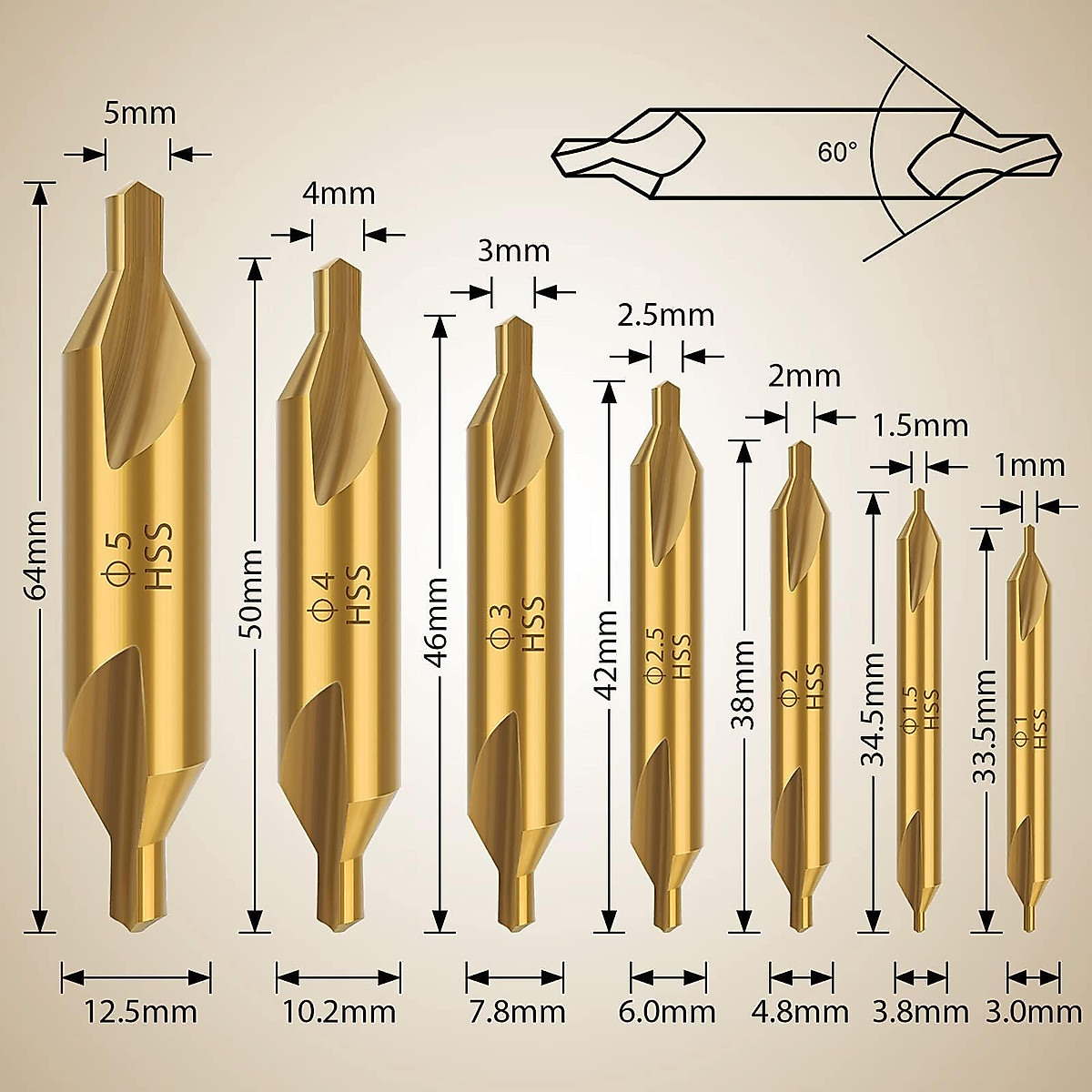 SUNJOYCO 7PCS Center Drill Bits Set, High Speed Steel 60-Degree Angle Countersink Tools for Lathe Metalworking Size 1.0 1.5 2.0 2.5 3.0 4.0 5.0, Gold