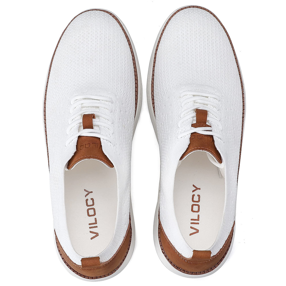 VILOCY Men's Dress Sneakers Oxfords Casual Business Shoes Lace Up Lightweight Walking Knit Mesh Fashion Sneakers White,EU44