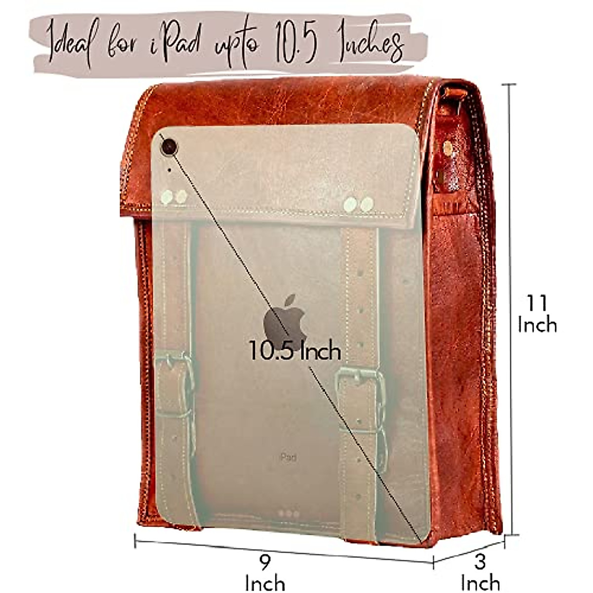 RUSTIC TOWN Leather Satchel iPad Tablet Bag - Leather Saddle Bag Purse - Small iPad (Upto 10.5-inch) Shoulder Bag for Men and Women (11 inches, Brown)