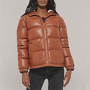 Levi's Women's Vegan Leather Quilted Hooded Puffer, Camel, X-Large