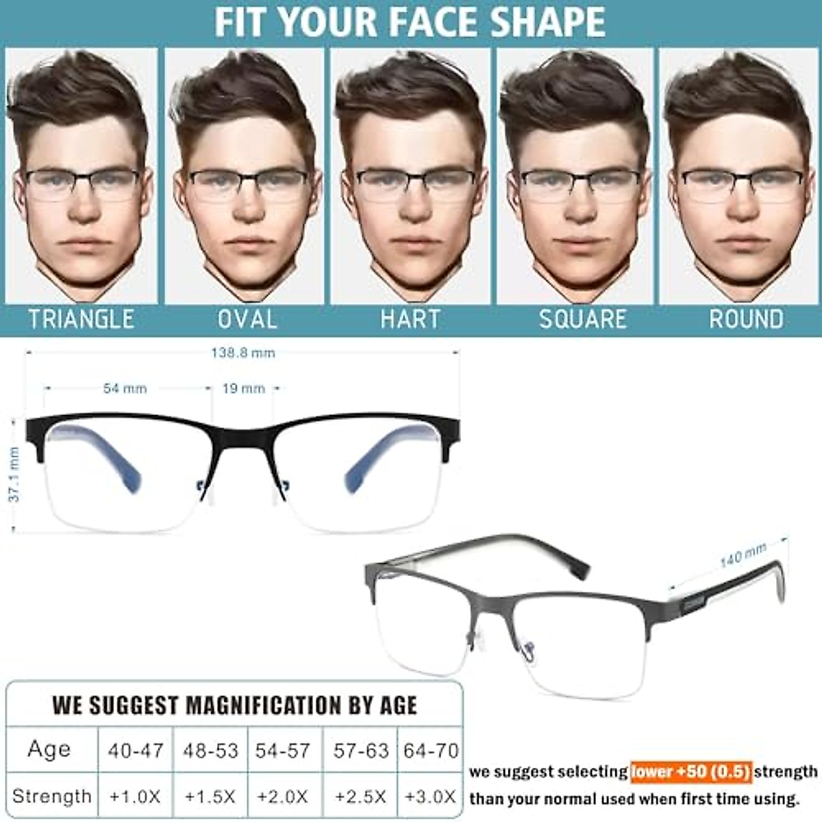 Bifocal Reading Glasses for Men, No Line Bifocals Progressive MultiFocus Readers, Wide Clear Top Transition Non Prescription Multifocal Eyeglasses,Large Anti Blue Light Multi focals Half Frame +2.5
