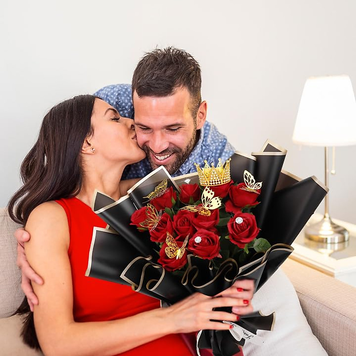 135 Pcs Flower Bouquet Accessories 5 Pcs Crown Cake Topper 60 Pcs 3D Gold Butterfly 50 Pcs Corsage Bouquet Pins with 20 Pcs Cake Toppers Floral Arrangements for Festival Wedding Birthday Party