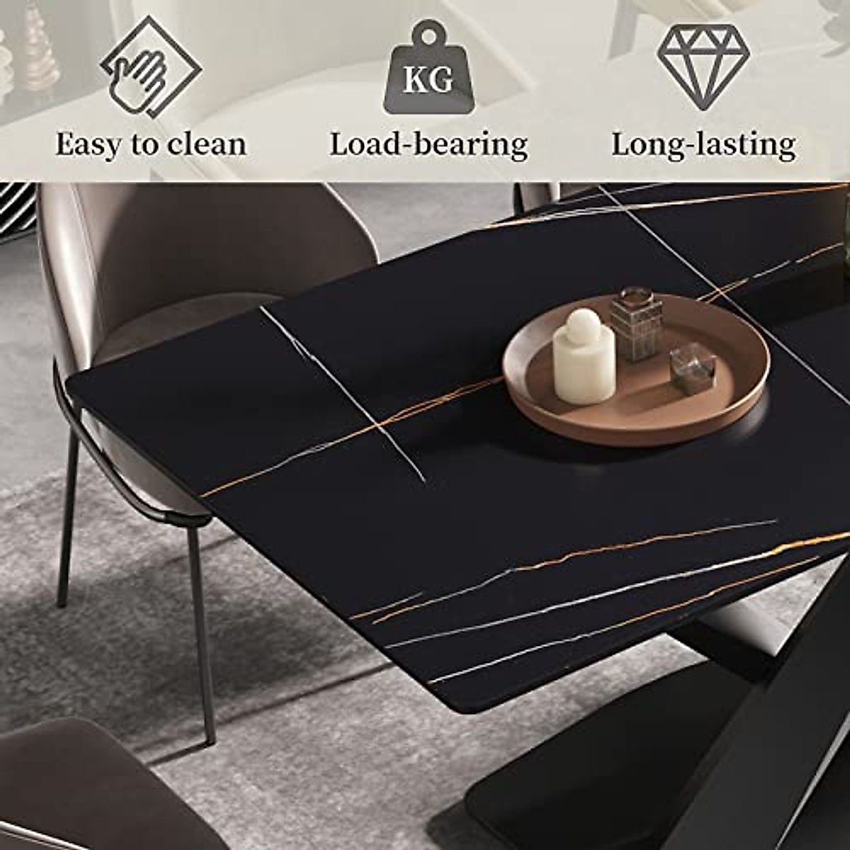 Rectangle Kitchen & Dining Table, Modern Dining Table, X-Shape Pedestal Table with Durable Sintered Stone Top for Home/Office/Conference/Apartment, 63" x 35.43", Black Tabletop Black Base