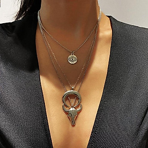 TWINKLEDE Boho Layered Necklace Silver Moon Pendant Necklaces Chain Evil Eye Bull Head Necklace Jewelry for Women (Silver Moon Evil Eye)